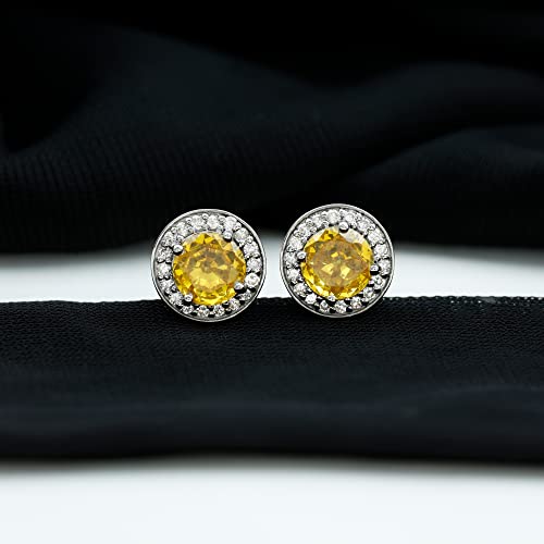 Lab Created Yellow Sapphire and Diamond Halo Stud Earrings | 2.50 Cttw | AAAA Quality, 14K White Gold