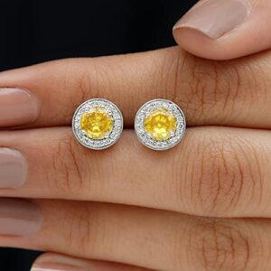 Lab Created Yellow Sapphire and Diamond Halo Stud Earrings | 2.50 Cttw | AAAA Quality, 14K White Gold