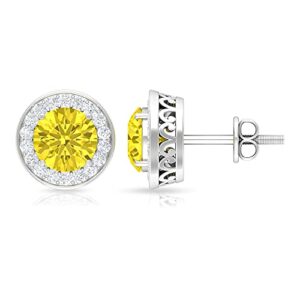 Lab Created Yellow Sapphire and Diamond Halo Stud Earrings | 2.50 Cttw | AAAA Quality, 14K White Gold