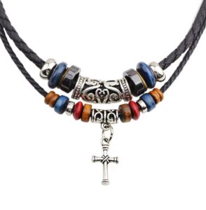 braided leather necklace vintage style double layers black tribal necklace with charm cross pendant black cross