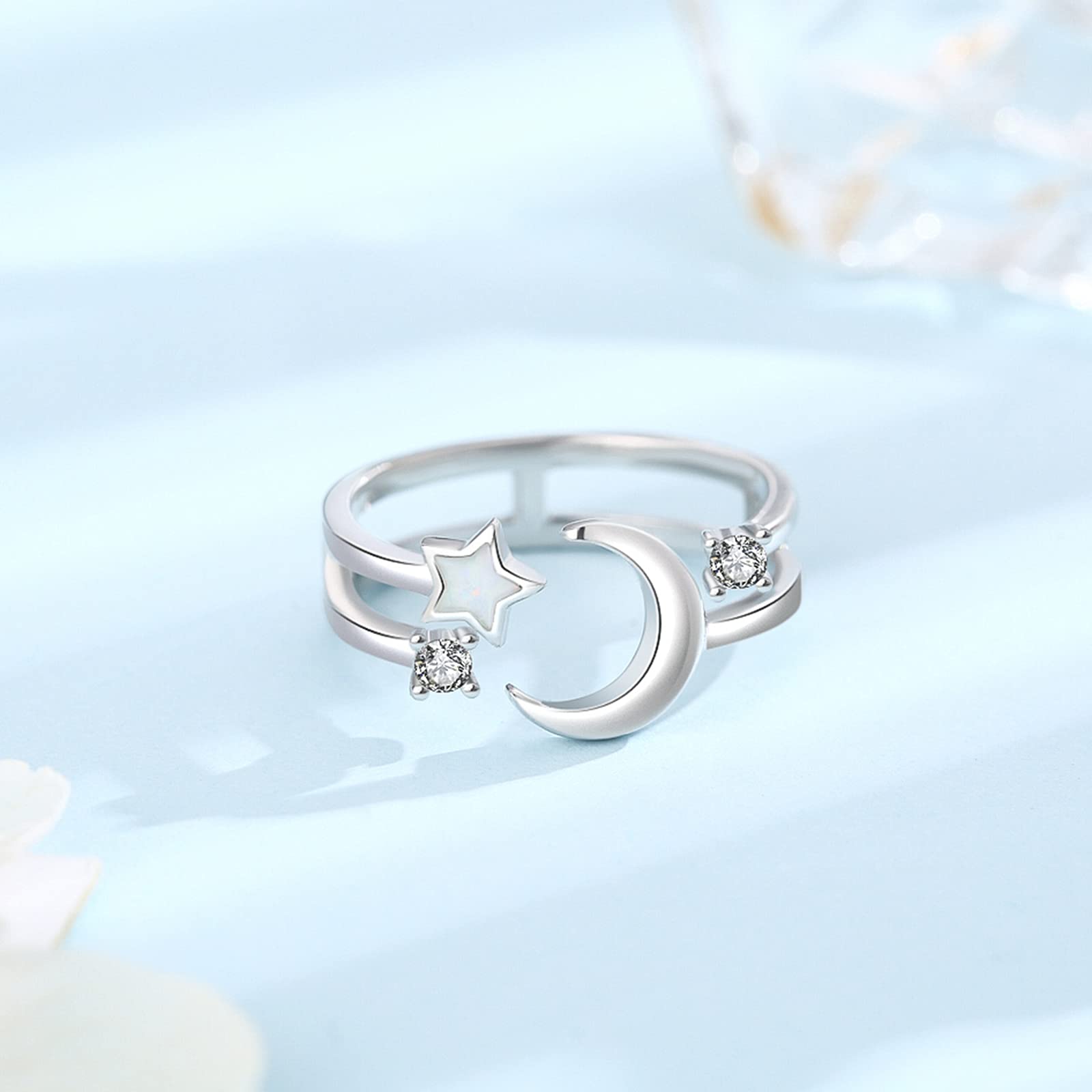 JUSTKIDSTOY Moon Ring for Women 925 Sterling Silver Crescent Moon star Ring Adjustable Open Ring Jewelry Gift for Birthday