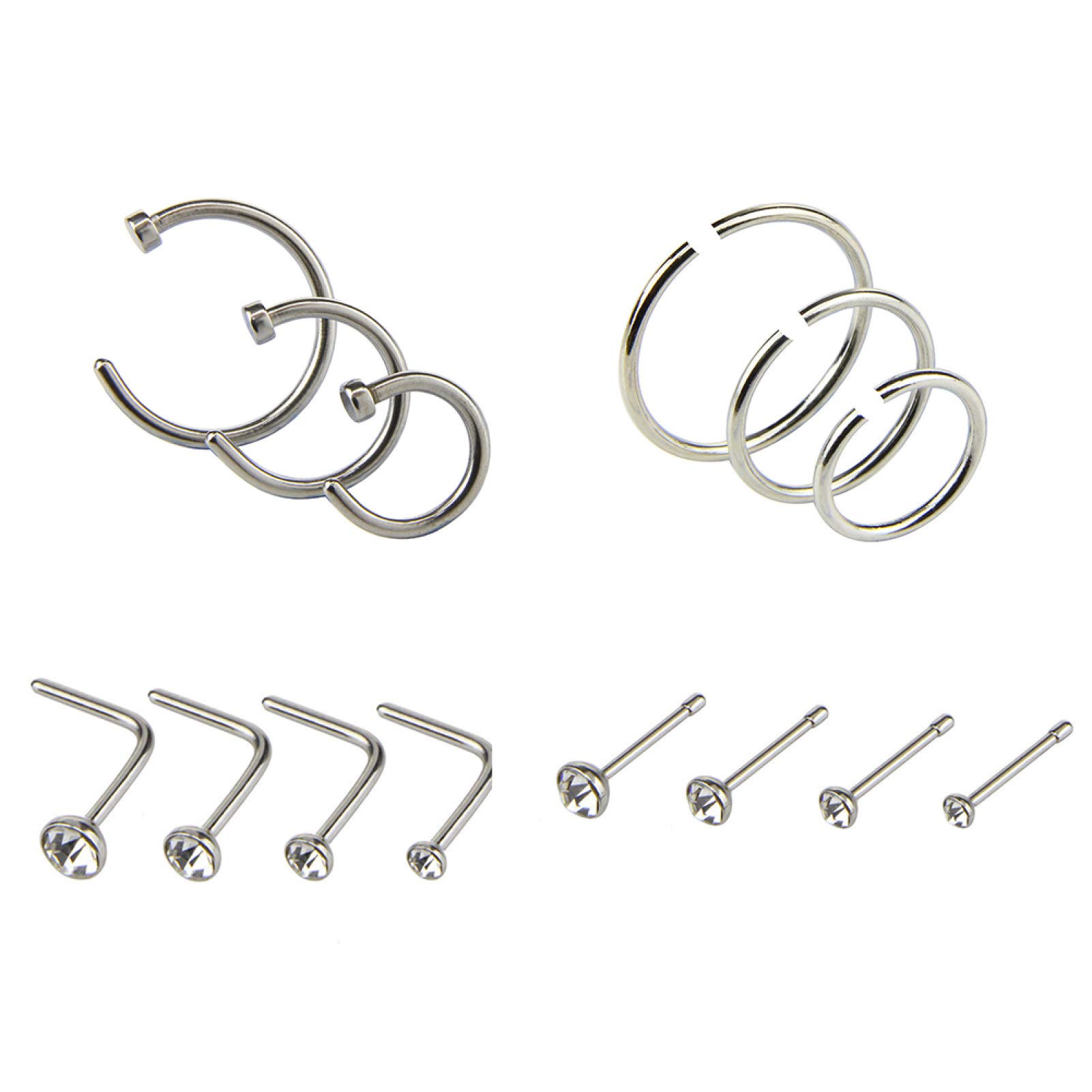 SANWOOD Nose Rings Hoops,14Pcs/Set Unisex Body Piercing Jewelry Rhinestone Stainless Steel Nose Stud Ring