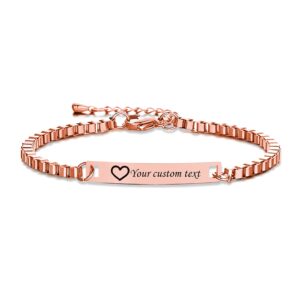 mrenite 10k 14k 18k solid yellow gold silver personalized his hers name id bar bracelet anklet box chain custom engraved letter for her women mom daughter son (rose gold)