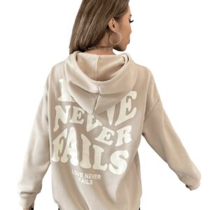 Floerns Women's Letter Graphic Print Long Sleeve Drawstring Hoodie Sweatshirt A Khaki L