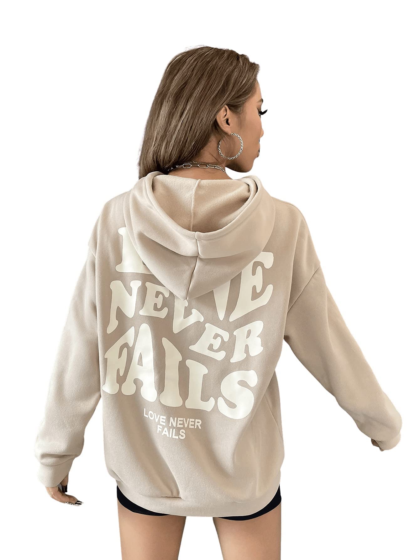 Floerns Women's Letter Graphic Print Long Sleeve Drawstring Hoodie Sweatshirt A Khaki L