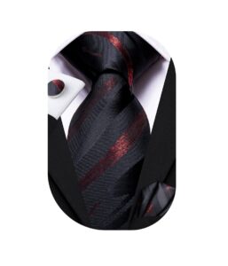 dubulle mens paisley striped tie and handkerchief cufflinks tie set for men wedding business formal,red black