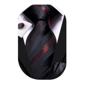 Dubulle Mens Paisley Striped Tie and Handkerchief Cufflinks Tie Set for Men Wedding Business Formal,Red Black