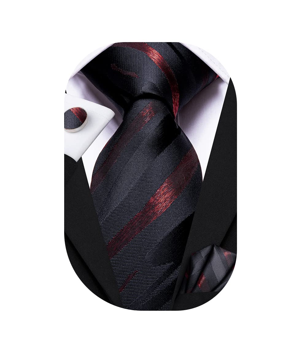 Dubulle Mens Paisley Striped Tie and Handkerchief Cufflinks Tie Set for Men Wedding Business Formal,Red Black