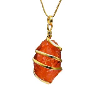 carnelian crystal necklace with gold spiral carnelian raw stone - carnelian pendant women wire wrapped pencil jewelry with adjustable gold chain and premium velvet pouch (extra free boho necklace)