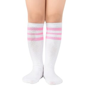 durio girls knee high socks soft cute toddler knee high socks for girls unisex kids tube socks 01 white with pink stripes