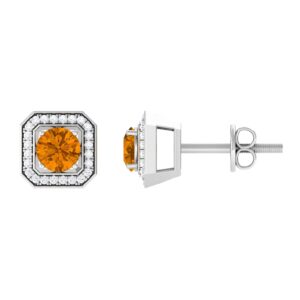 certified citrine and diamond halo stud earrings for women, 1.25 cttw, aaa quality, 14k white gold