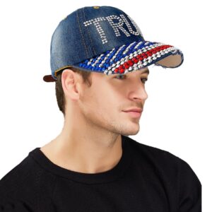 Gamusi Trump 2024 Baseball Cap Denim Distressed Bling Rhinestone Hat USA Flag Cap Adjustable Unisex (Trump Flag)