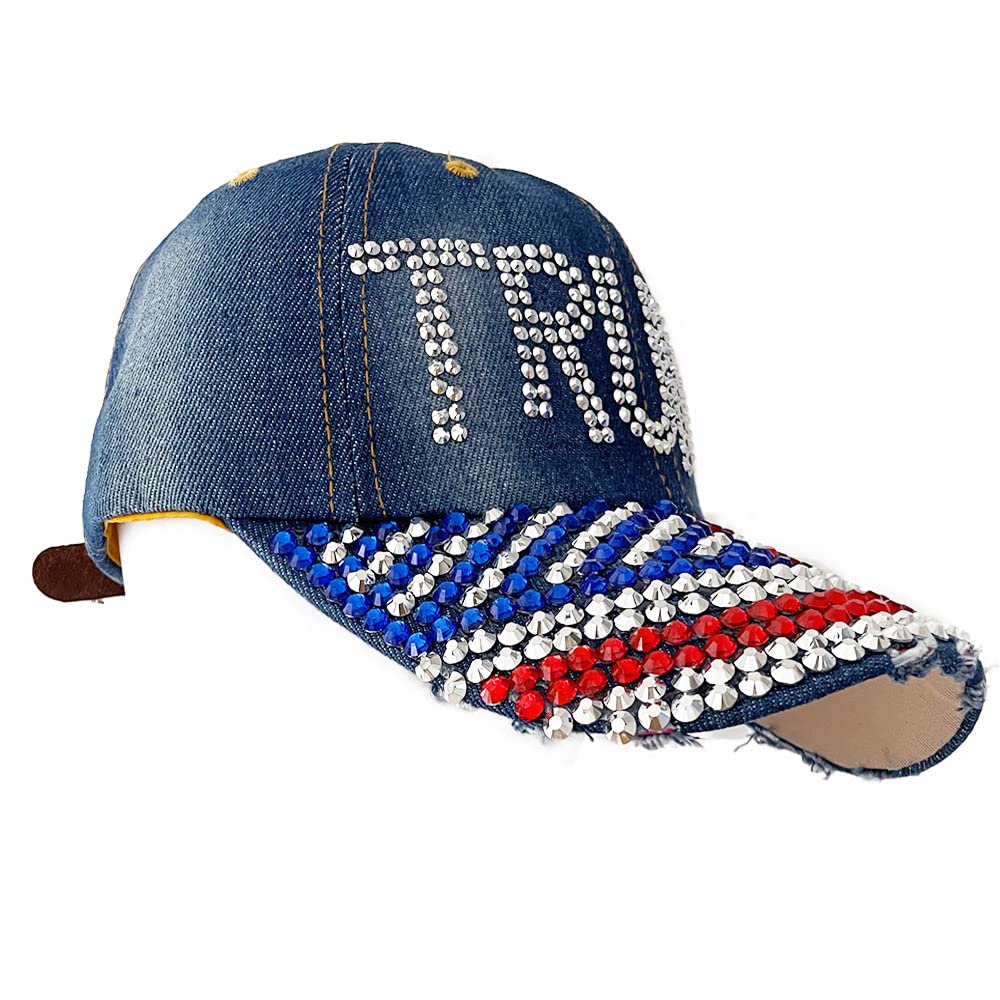 Gamusi Trump 2024 Baseball Cap Denim Distressed Bling Rhinestone Hat USA Flag Cap Adjustable Unisex (Trump Flag)