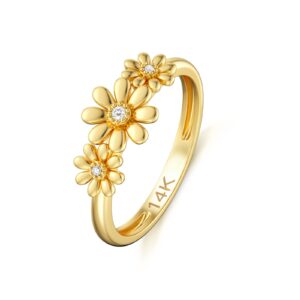 sisgem 14k real gold nature diamond daisy ring for women,yellow gold dainty flower ring anniversary rings for wife mom casual rings delicate engagement ring wedding band ring for her (yellow, 5)