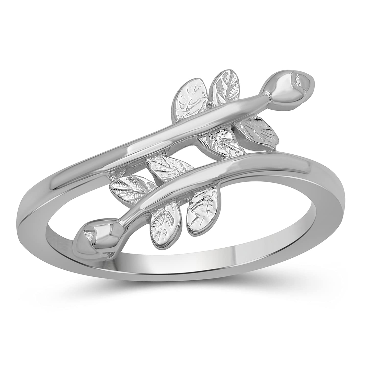 JEWELEXCESS Sterling Silver Leaf Friendship Ring for Women | Dainty Sterling Silver Promise Ring For Women | Stackable Silver Open Band Olive Branch Ring For Women