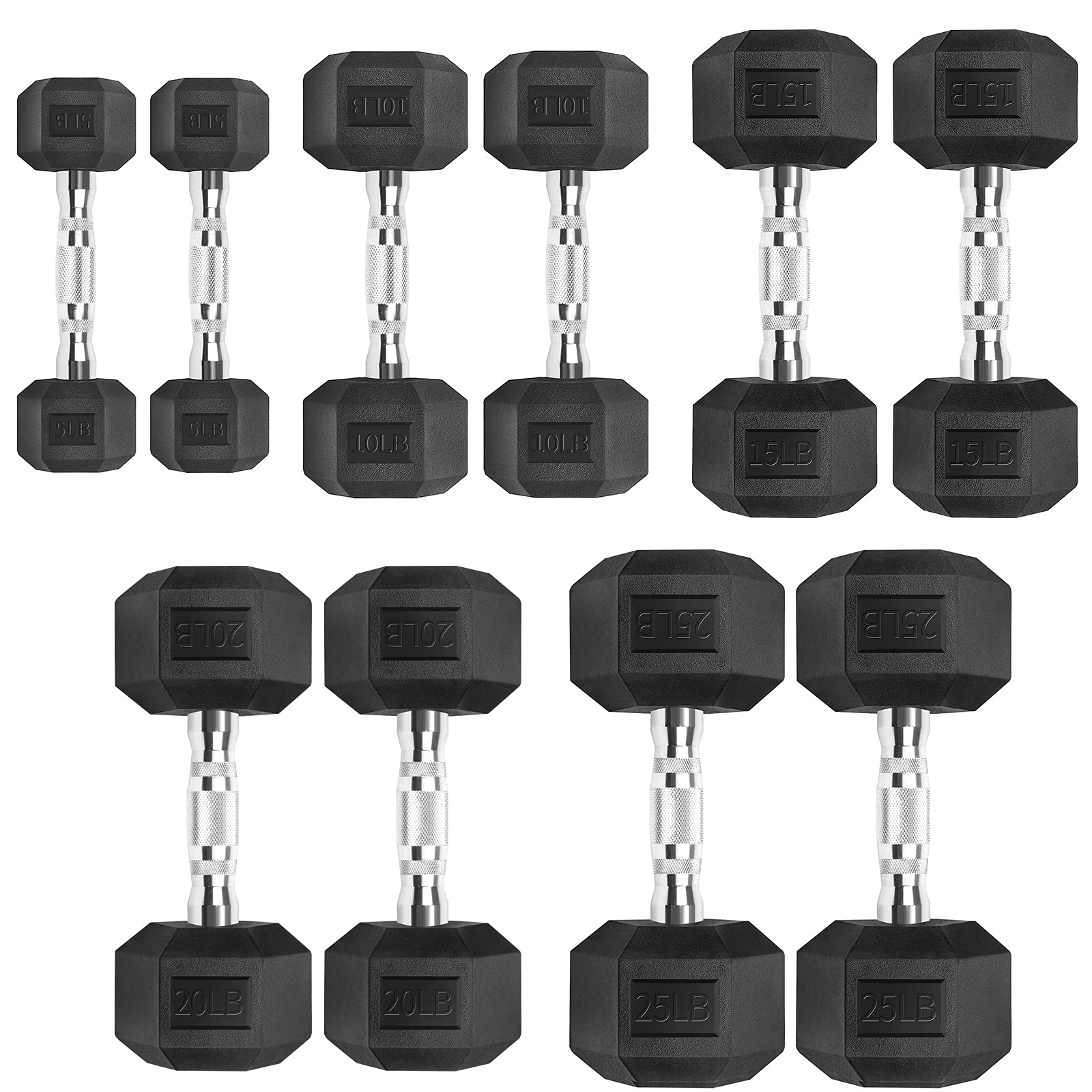 150 Pound Hex Dumbbell Set with Rubber Coated Dumbbells and Rack