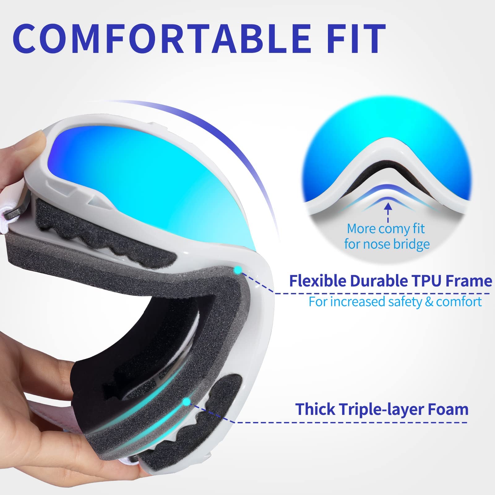 Ski Goggles Snowboard Goggles Anti-Fog Snow Sports Goggles for Women Men Adult Youth, Mirrored 100% UV Protection Helmet Compatible, Blue OTG Winter Goggles Over Glasses Snowboarding Skiing Equipment