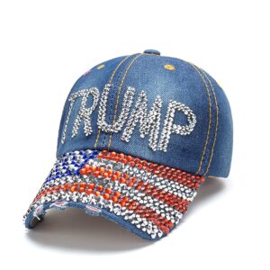 gamusi trump 2024 baseball cap denim distressed bling rhinestone hat usa flag cap adjustable unisex (trump flag)