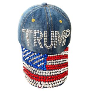 Gamusi Trump 2024 Baseball Cap Denim Distressed Bling Rhinestone Hat USA Flag Cap Adjustable Unisex (Trump Flag)