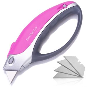 pink box cutter retractable utility knife - heavy duty box cutter knife cardboard cutter - box opener razor blades knife with 5 sharp utility blades