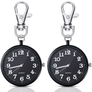 2 pieces quartz pocket watch with key buckle round pocket watch keychain watch portable unisex watch (black)