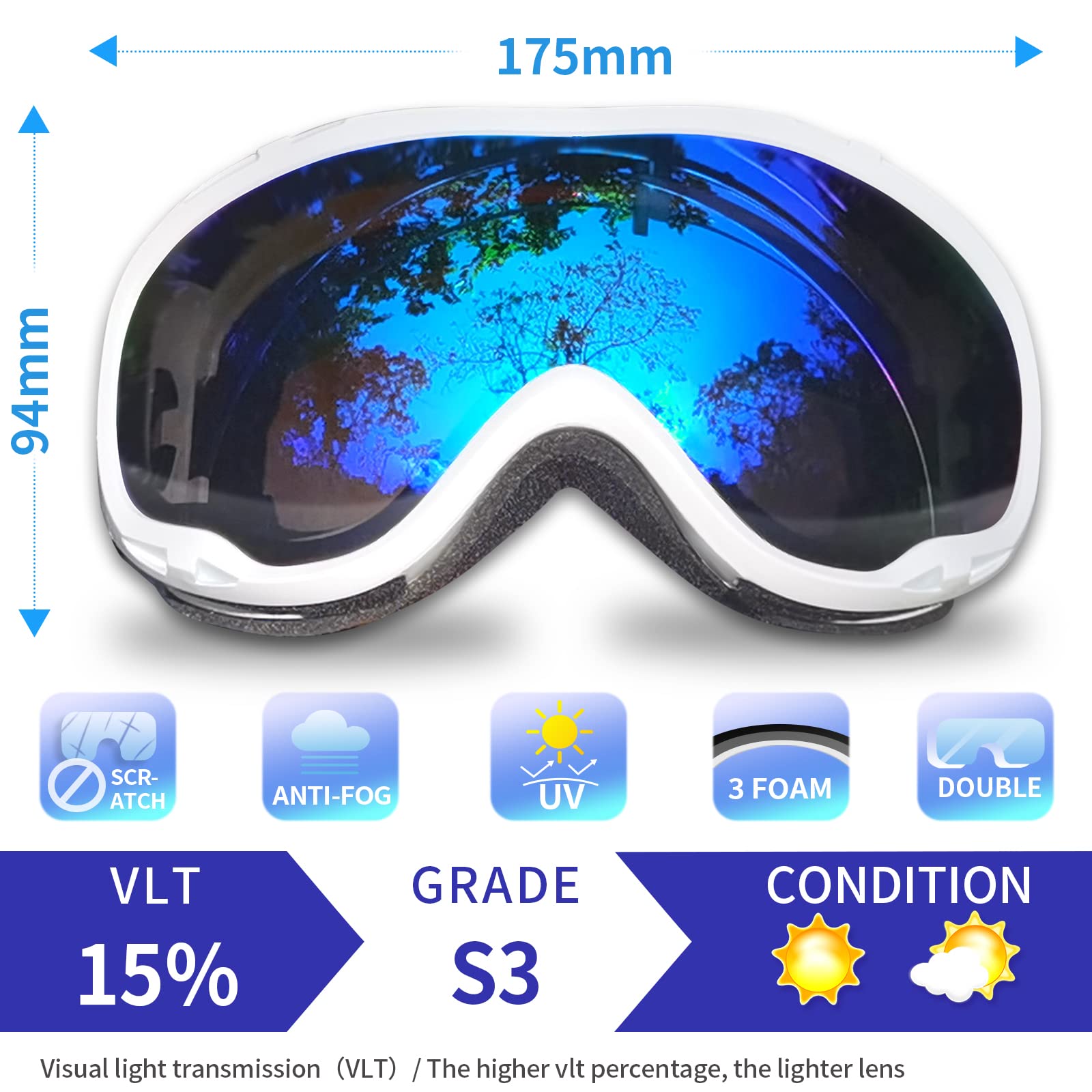 Ski Goggles Snowboard Goggles Anti-Fog Snow Sports Goggles for Women Men Adult Youth, Mirrored 100% UV Protection Helmet Compatible, Blue OTG Winter Goggles Over Glasses Snowboarding Skiing Equipment