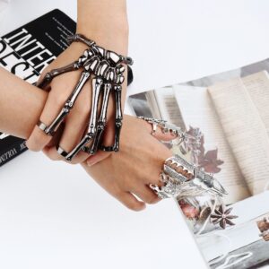 Sanfenly Halloween Skull Skeleton Hand Bracelet with Ring, Armour Knuckle Full Finger Double Loop Activity Ring Punk Rock Gothic Cool