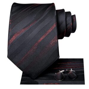 Dubulle Mens Paisley Striped Tie and Handkerchief Cufflinks Tie Set for Men Wedding Business Formal,Red Black