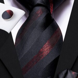 Dubulle Mens Paisley Striped Tie and Handkerchief Cufflinks Tie Set for Men Wedding Business Formal,Red Black