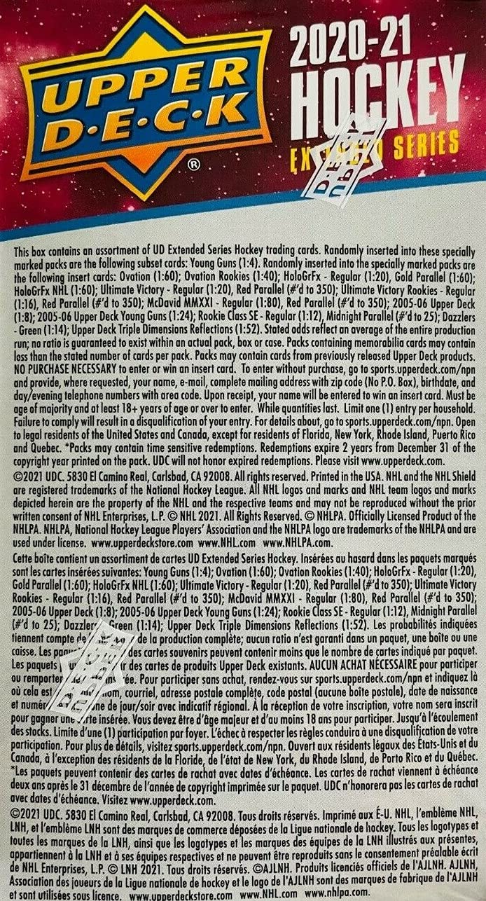 2020 2021 Upper Deck Hockey EXTENDED Series Factory Sealed Unopened Blaster Box of Packs Possible Young Guns Rookies and Jerseys