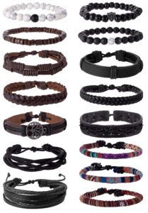 tornito 15pcs braided leather bracelet string wood bead woven ethnic boho cuff wrap stretch wristbands bracelets set for men women size adjustable