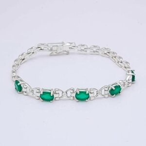 GLOW SPECTRA JEWELS 10 CT Oval Shape Simulated Green Emerald Bezel Setting Women's Tennis Bracelate in 14K White Gold Plated 925 Sterling Silver (10 Cttw) Size - 8"