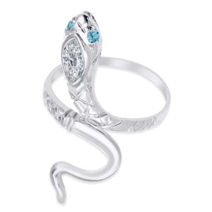 AFFY 14k White Gold Over Sterling Silver Simulated Aquamarine With Cubic Zircinia Snake Band Ring Jewelry For Ladies, Ring Size 6.5