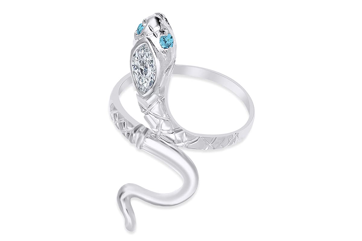 AFFY 14k White Gold Over Sterling Silver Simulated Aquamarine With Cubic Zircinia Snake Band Ring Jewelry For Ladies, Ring Size 6.5