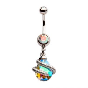 pierced owl 14ga snake wrapped ab teardrop gem dangle 316l surgical stainless steel navel belly button ring