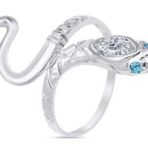 AFFY 14k White Gold Over Sterling Silver Simulated Aquamarine With Cubic Zircinia Snake Band Ring Jewelry For Ladies, Ring Size 6.5