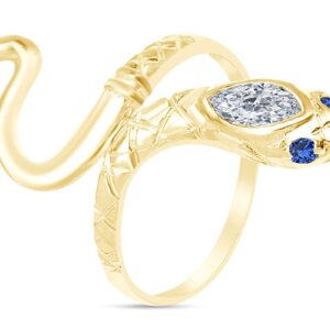 AFFY 14k Yellow Gold Over Sterling Silver Simulated Blue Sapphire With Cubic Zircinia Snake Band Ring Jewelry For Ladies, Ring Size 7.5