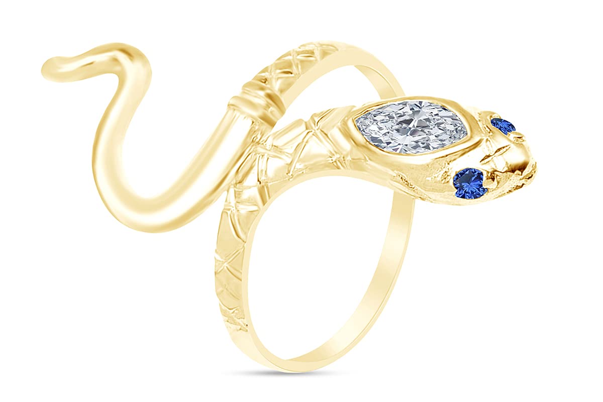 AFFY 14k Yellow Gold Over Sterling Silver Simulated Blue Sapphire With Cubic Zircinia Snake Band Ring Jewelry For Ladies, Ring Size 7.5