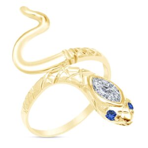 AFFY 14k Yellow Gold Over Sterling Silver Simulated Blue Sapphire With Cubic Zircinia Snake Band Ring Jewelry For Ladies, Ring Size 7.5