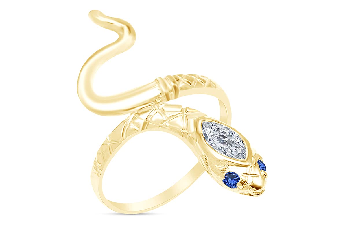 AFFY 14k Yellow Gold Over Sterling Silver Simulated Blue Sapphire With Cubic Zircinia Snake Band Ring Jewelry For Ladies, Ring Size 7.5