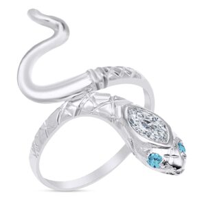 AFFY 14k White Gold Over Sterling Silver Simulated Aquamarine With Cubic Zircinia Snake Band Ring Jewelry For Ladies, Ring Size 6.5