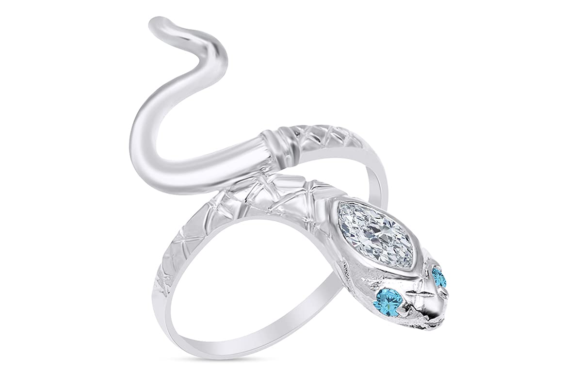 AFFY 14k White Gold Over Sterling Silver Simulated Aquamarine With Cubic Zircinia Snake Band Ring Jewelry For Ladies, Ring Size 6.5