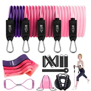 zugoulook 18pcs resistance bands set for women, 5 stackable exercise with handles, loop bands, jump rope, figure 8 band, ideal home, gym fitness, yoga, full body workout