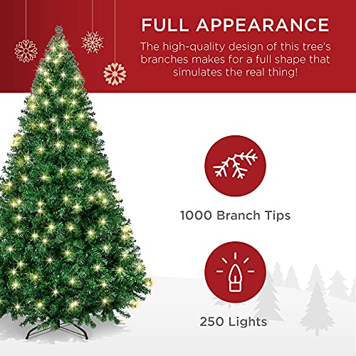 Best Choice Products 6ft Pre-Lit Premium Hinged Artificial Holiday Christmas Pine Tree for Home, Office, Party Decoration w/ 1,000 Branch Tips, 250 Lights, Metal Hinges & Foldable Base