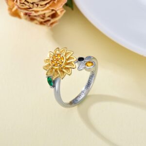 Flpruy Fidget Ring for Women Sunflower Anxiety Stress Spinner Ring You are My Sunshine Open Adjustable Ring Crystal Jewelry Gift Women