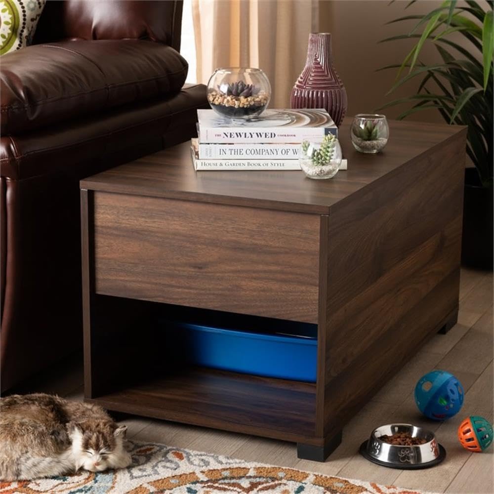 BOWERY HILL Modern Walnut Brown Finished Cat Litter Box Cover House