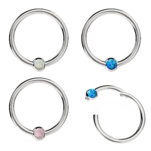 Bezel Set Pink Opal Stone 16 Gauge -10MM Diameter 316L Surgical Steel Clicker Hinged Segment Nose Ring Septum Piercing Jewelry