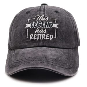 funny retirement gifts for men and women, this legend has retired baseball cap, adjustable embroidered vintage cotton denim hats for dad, mom, grandma, grandpa