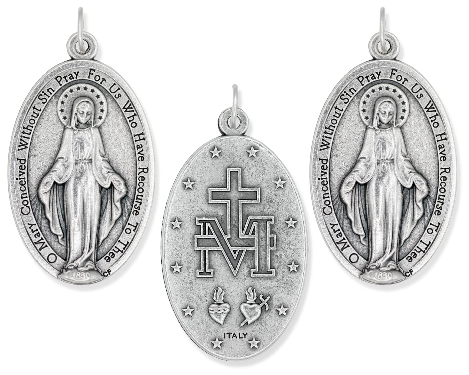 Pack of 3 - Miraculous Medal Pendant Extra Large - 1.75" Silver Oxidized Large Pendant for Necklace, Medals for Jewelry Catholic - Made in Italy