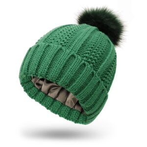 muryobao women satin lined beanie hat knit cuffed warm winter hats faux fur pom pom silk lining slouchy skull cap green